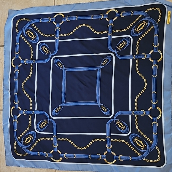 Cartier | Accessories | Cartier Blue Gold Yellow Monogram Silk Scarf ...